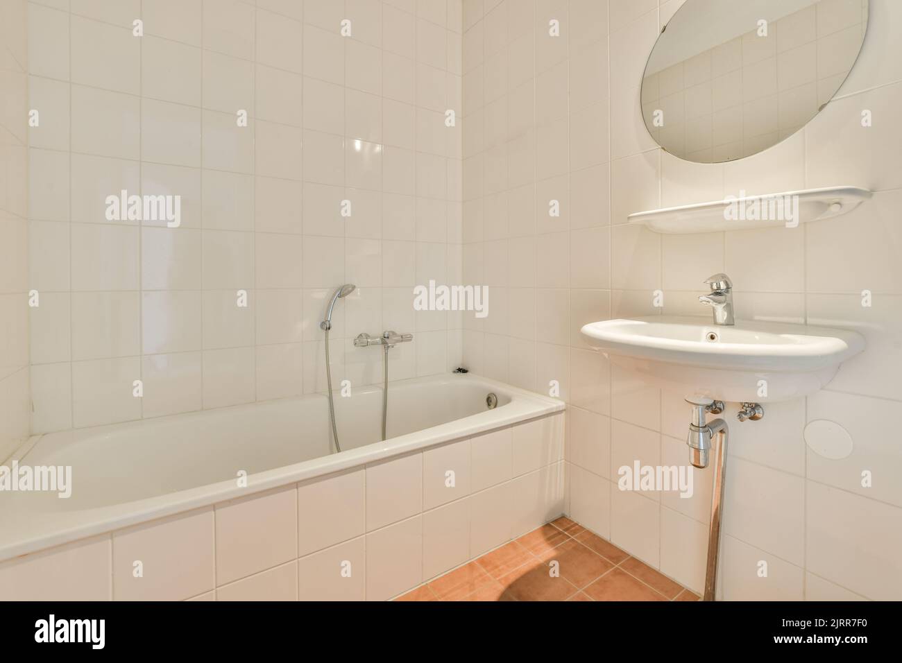 Modern home interior design of white bathroom with open bathtub and ...