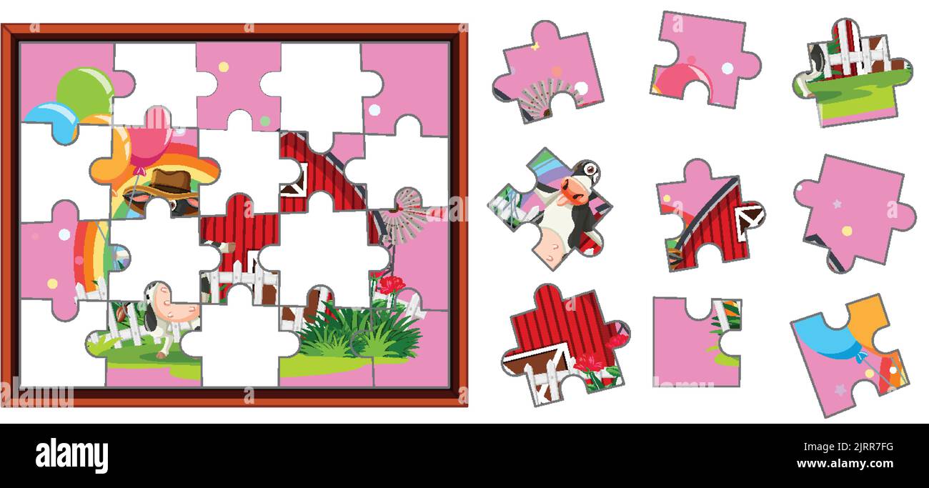 Cow farm photo jigsaw puzzle game template illustration Stock Vector ...