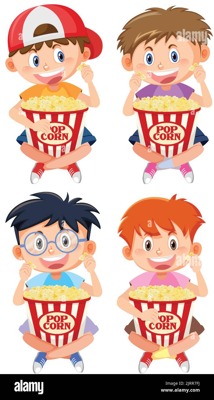 Four kids with popcorn buckets illustration Stock Vector Image & Art ...