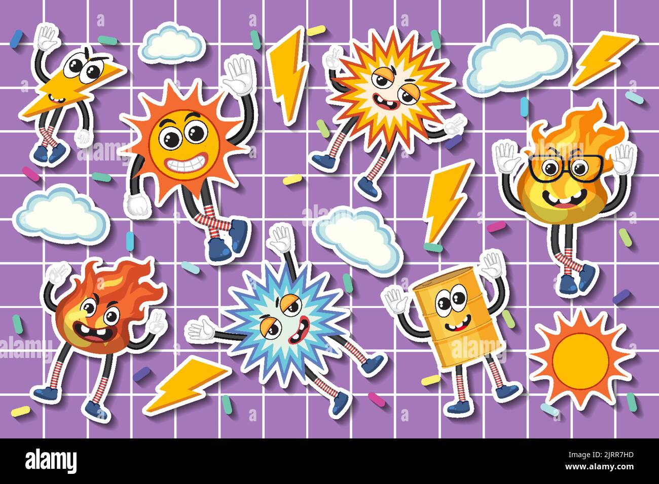 Set of weather sticker cartoon character on grid background ...