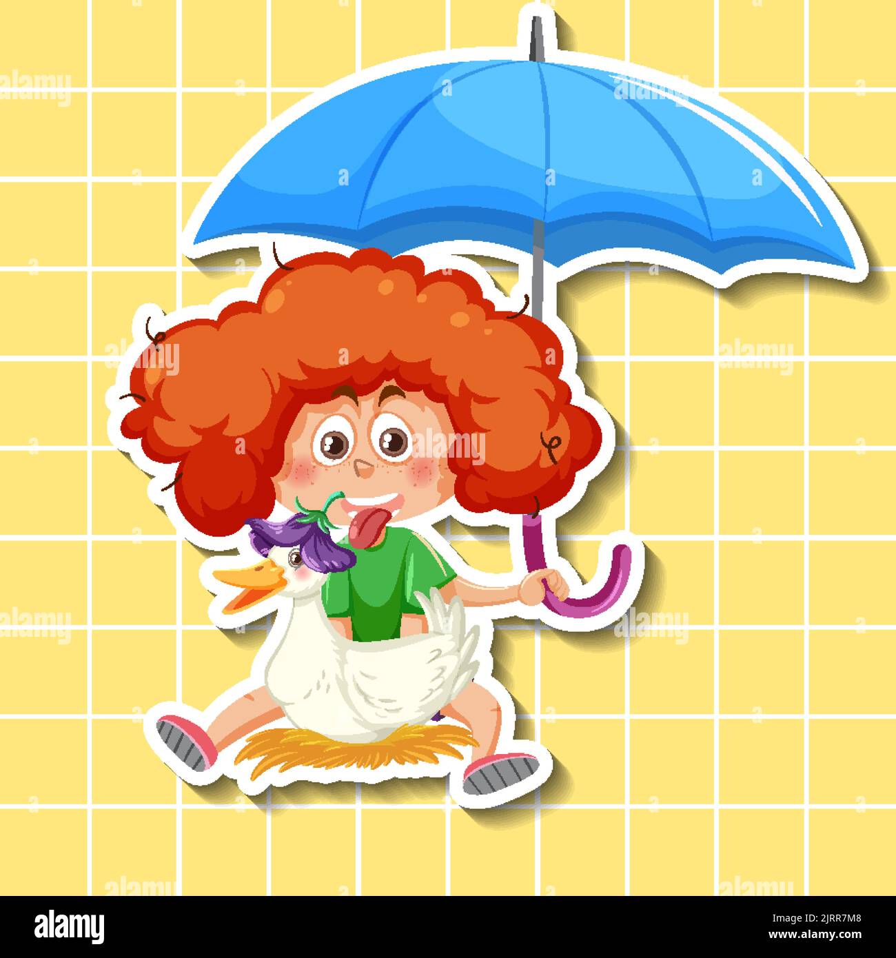 Cute girl cartoon character holding umbrella sticker style illustration ...