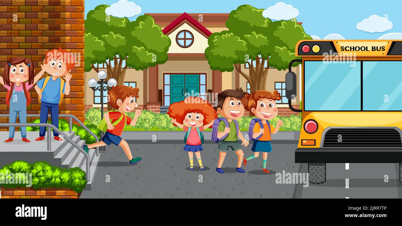 Outdoor scene with school bus and student illustration Stock Vector ...