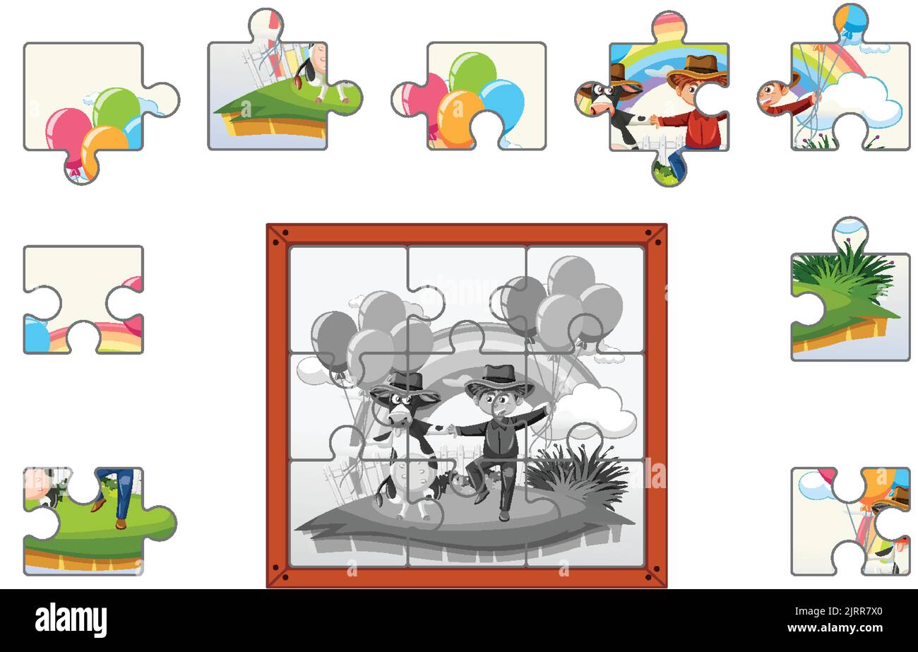 Cow farm photo jigsaw puzzle game template illustration Stock Vector ...