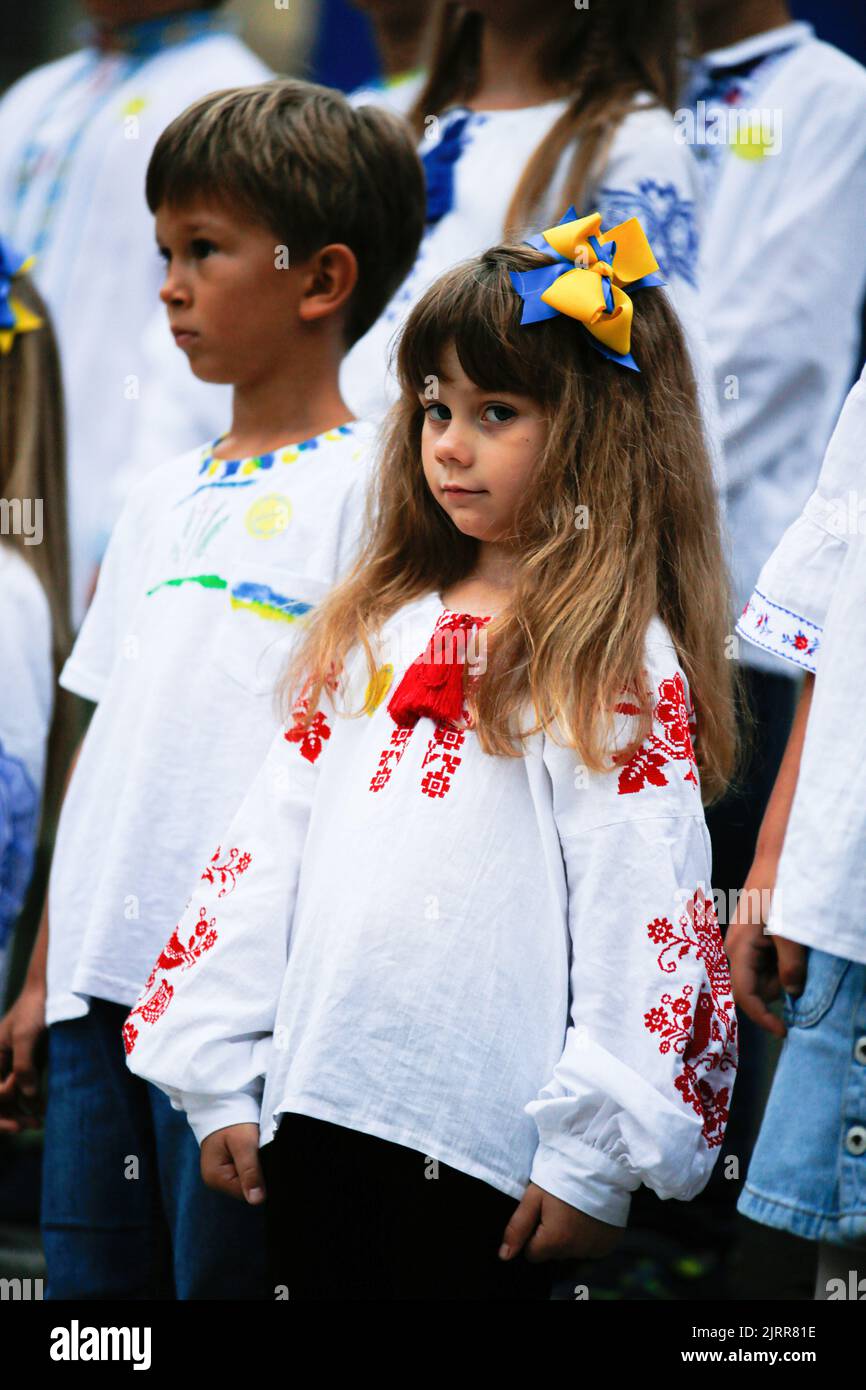 Porto, Portugal. 24th Aug, 2022. Ukrainian children are seen wearing ...