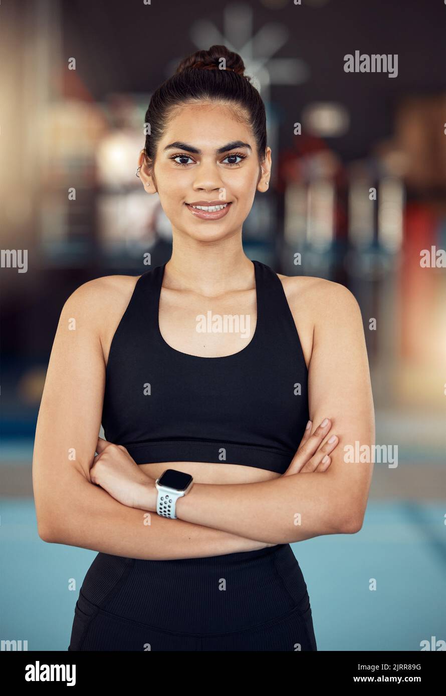 Happy training woman in gym, wellness athlete and exercise fitness ...