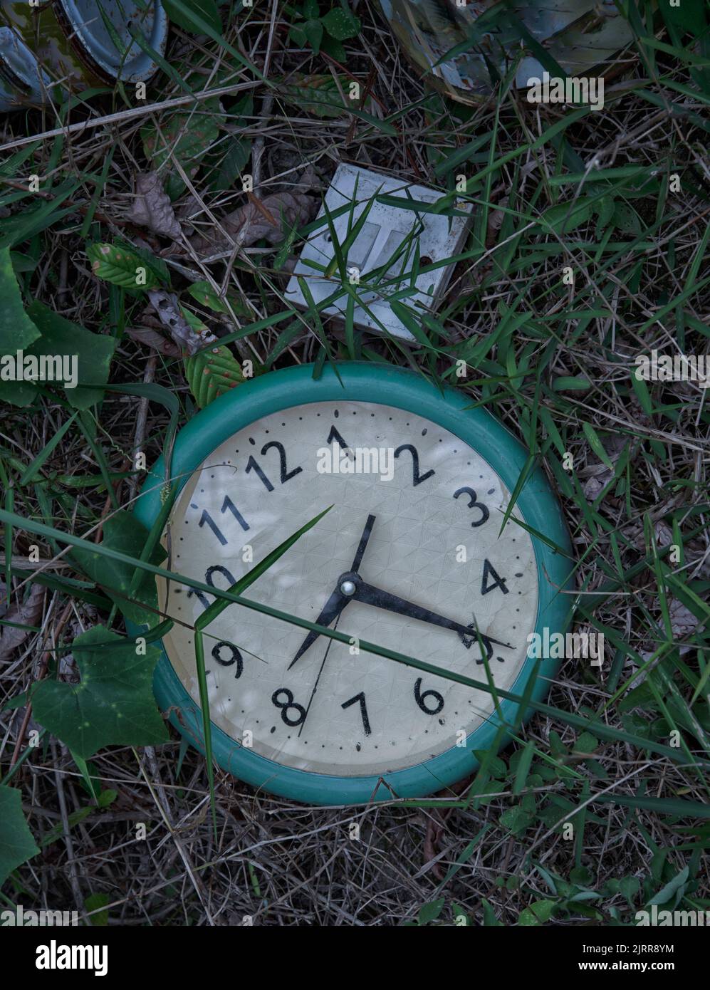 spoiled analog round clock thrown in the bush Stock Photo - Alamy