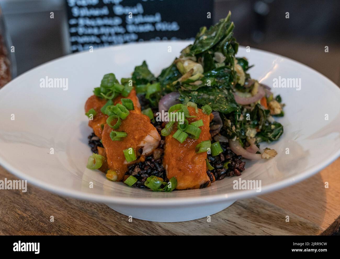 New Yokr, NY - August 25, 2022: Salmon bowl by JJ Johnson on display at ...