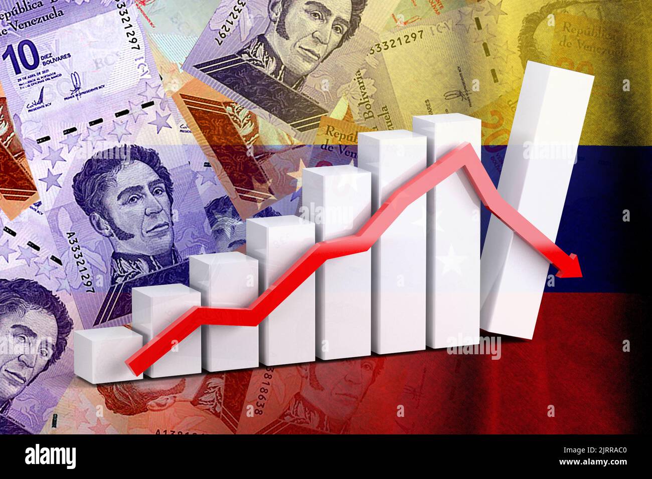 Economy Chart - Down Arrow, Cash Bolivar Bills and Venezuela Flag ...