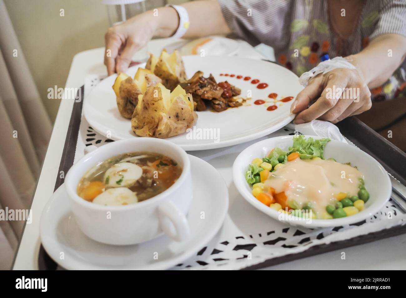 Female Patient Ready to Eat Meal with Varied Menu on Hospital Bed Stock ...