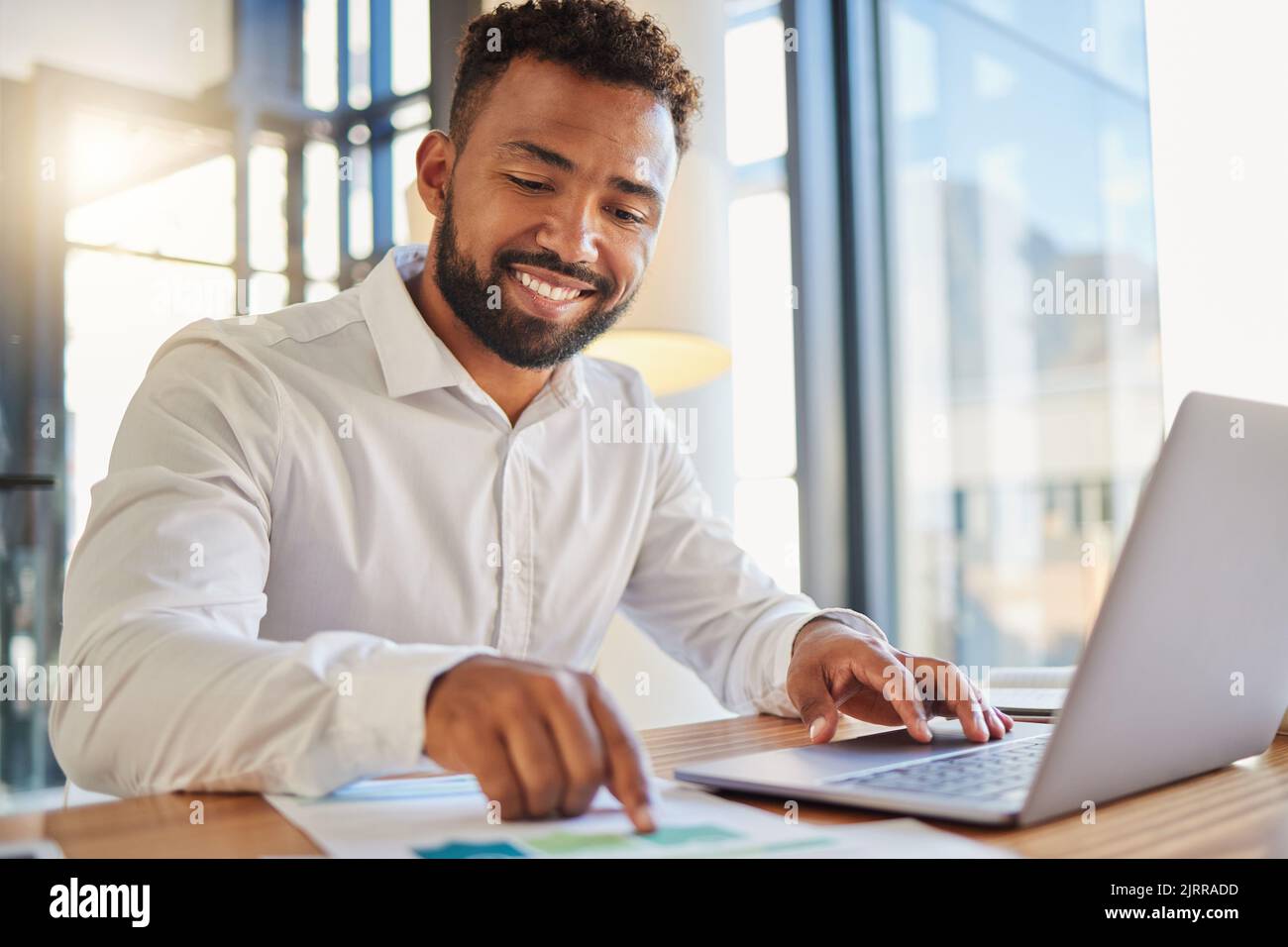 Stock market, accounting and fintech business man happy with company ...