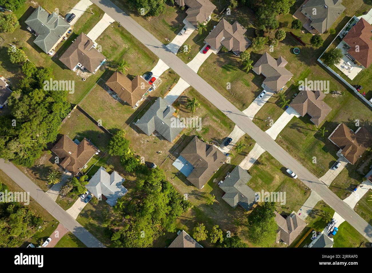 Aerial landscape view of suburban private houses between green palm ...