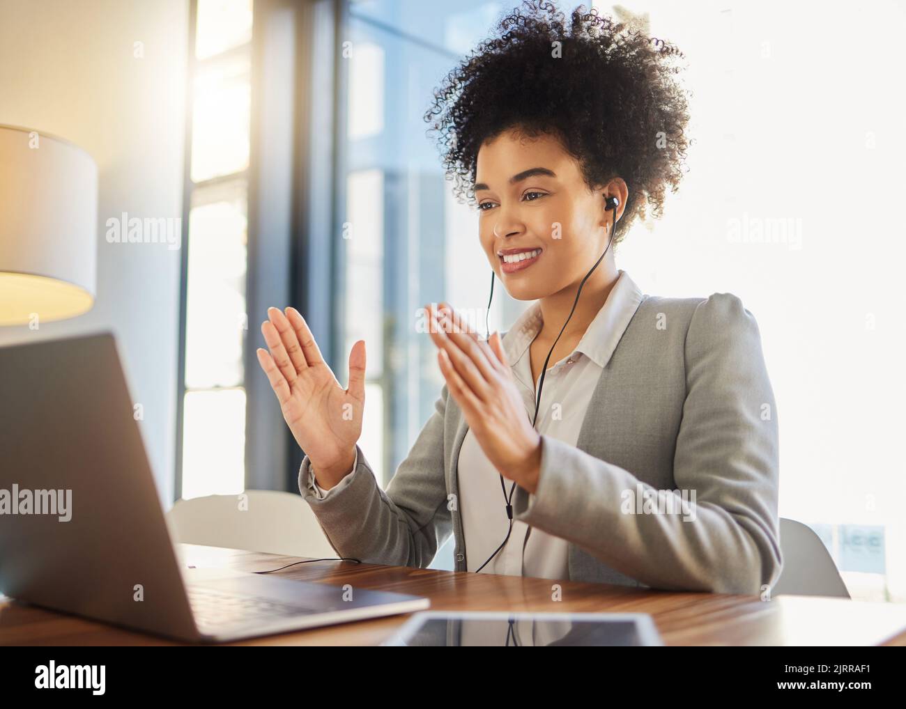 Webinar meeting, video call with business woman on laptop doing digital ...