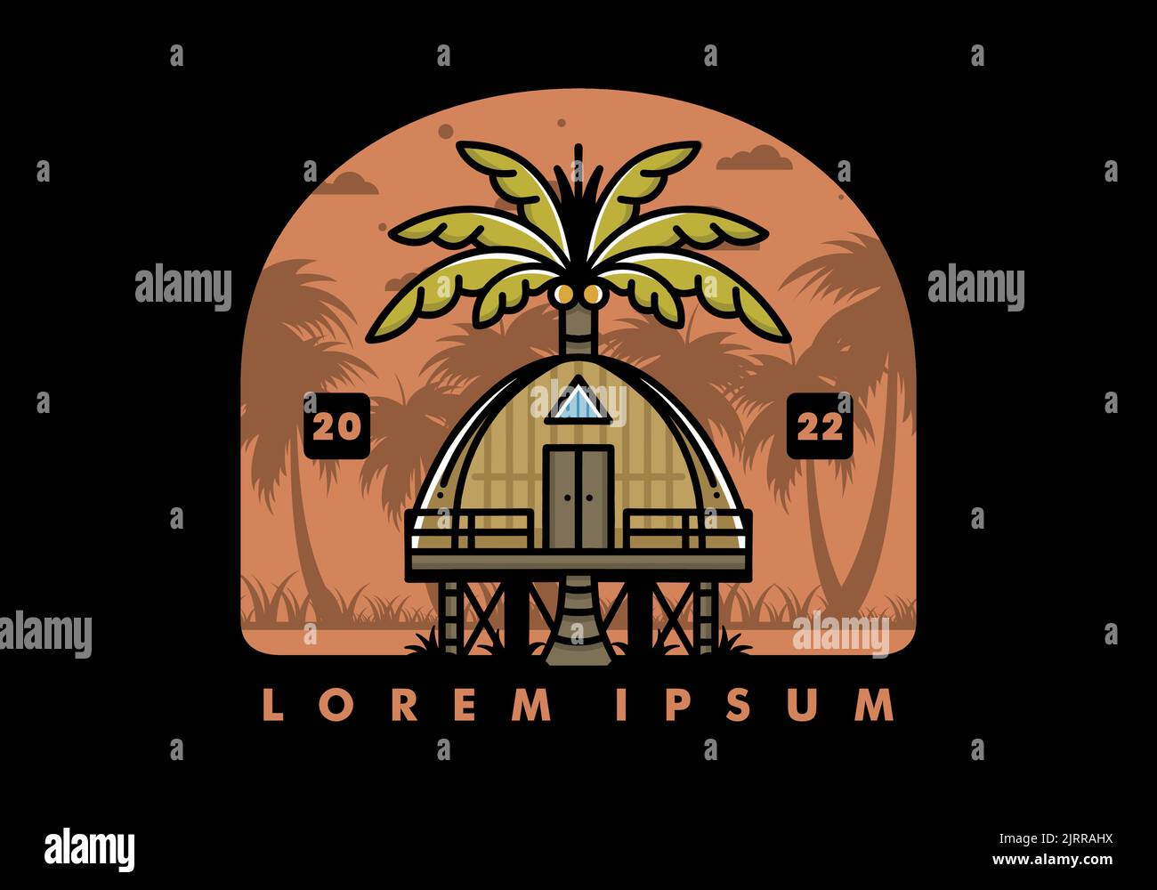Illustration badge design of a Wooden house with big coconut tree Stock ...