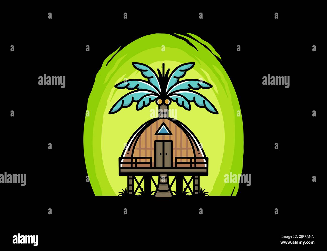 Illustration badge design of a Wooden house with big coconut tree Stock ...