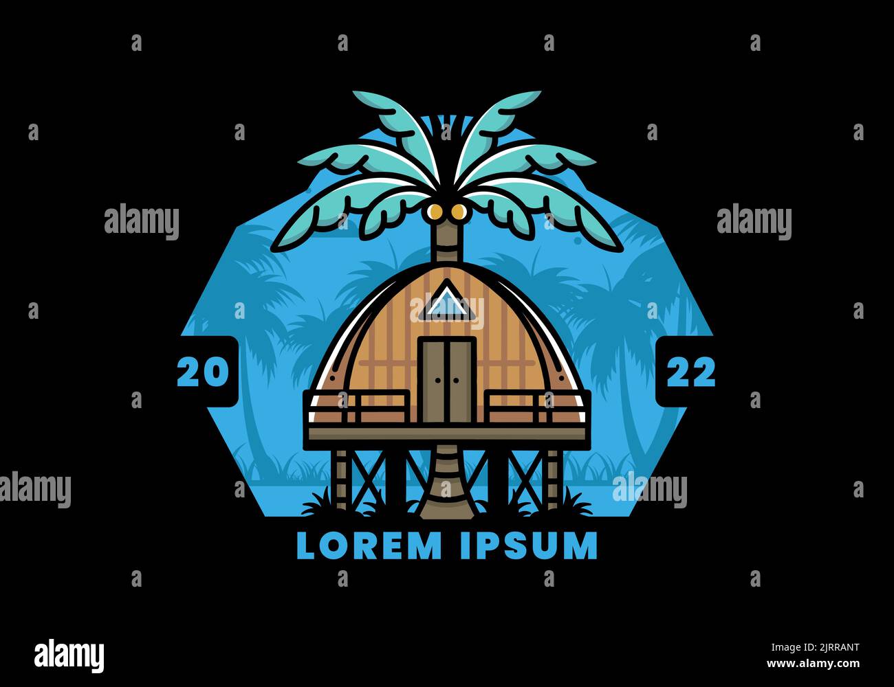 Illustration badge design of a Wooden house with big coconut tree Stock ...