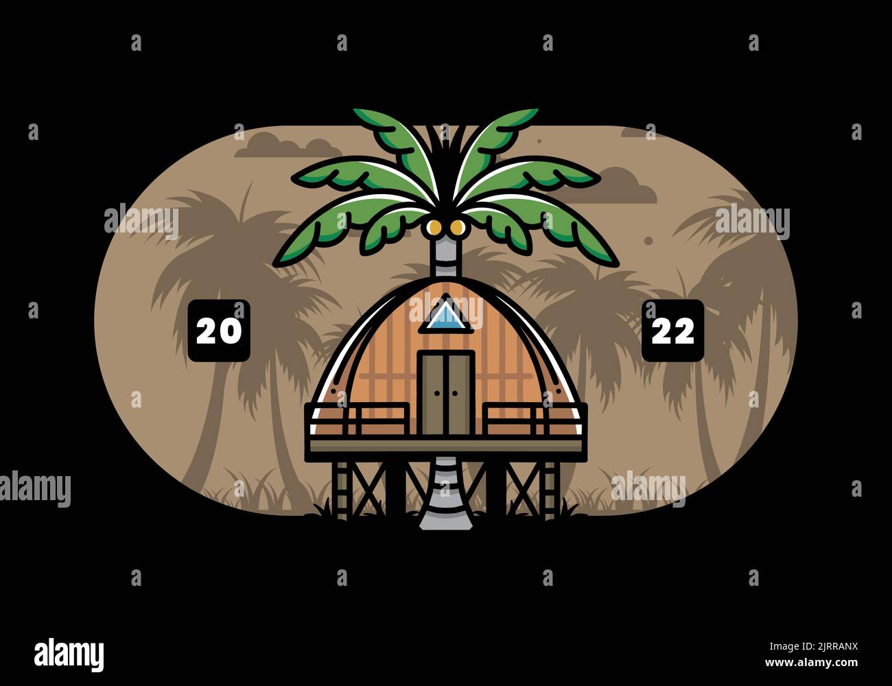 Illustration badge design of a Wooden house with big coconut tree Stock ...