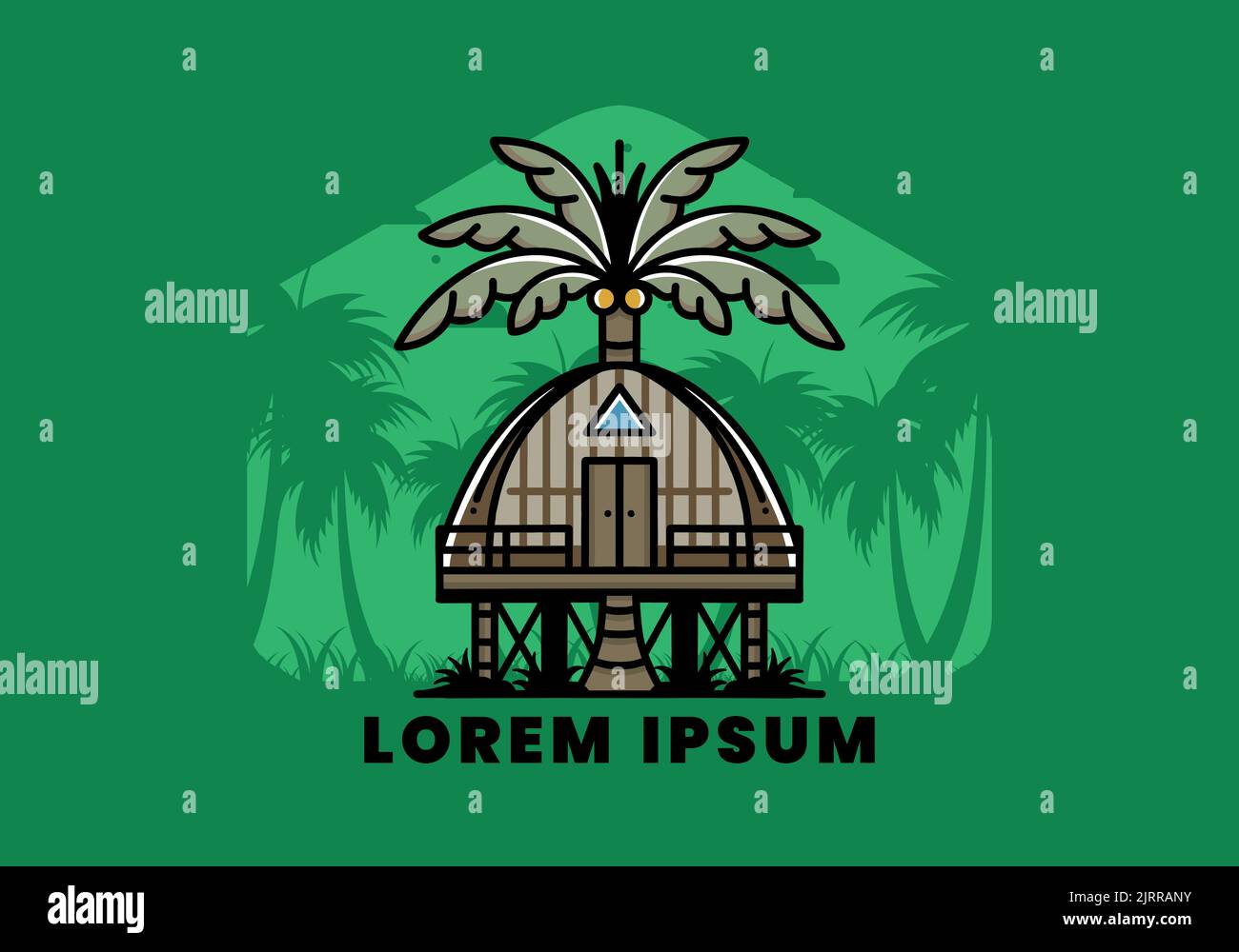 Illustration badge design of a Wooden house with big coconut tree Stock ...