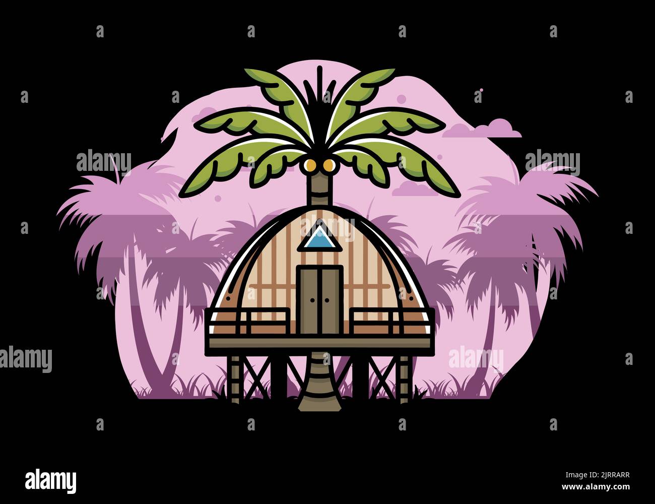 Illustration badge design of a Wooden house with big coconut tree Stock ...
