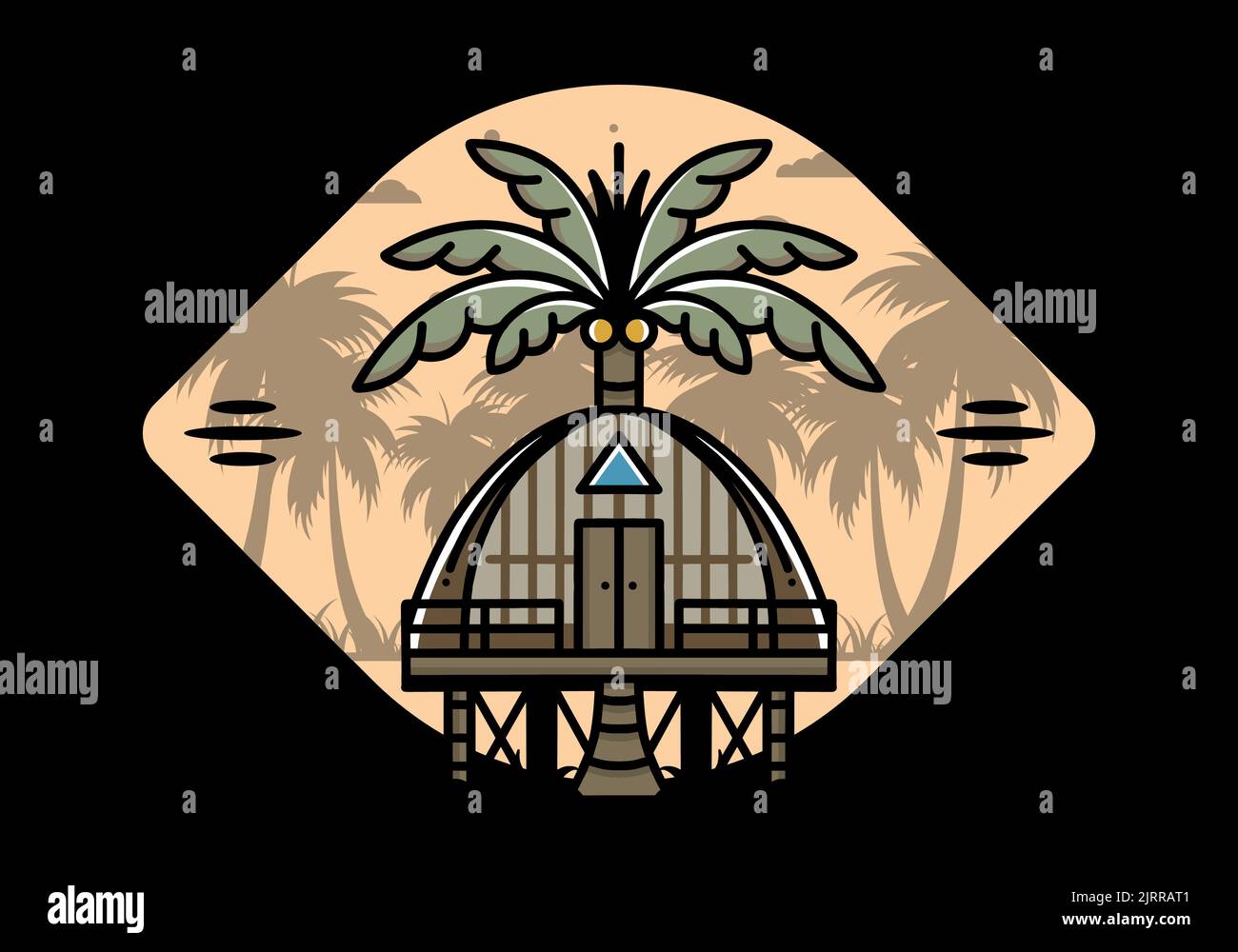 Illustration badge design of a Wooden house with big coconut tree Stock ...