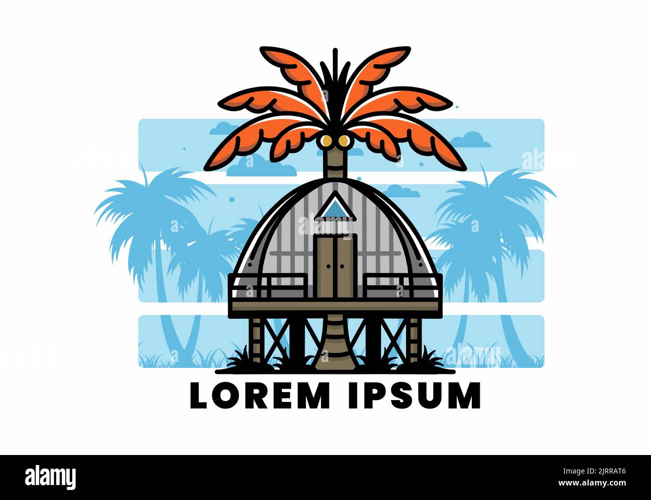 Illustration badge design of a Wooden house with big coconut tree Stock ...