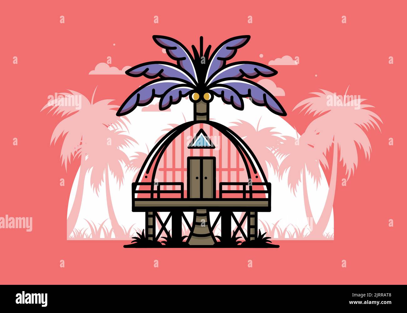 Illustration badge design of a Wooden house with big coconut tree Stock ...