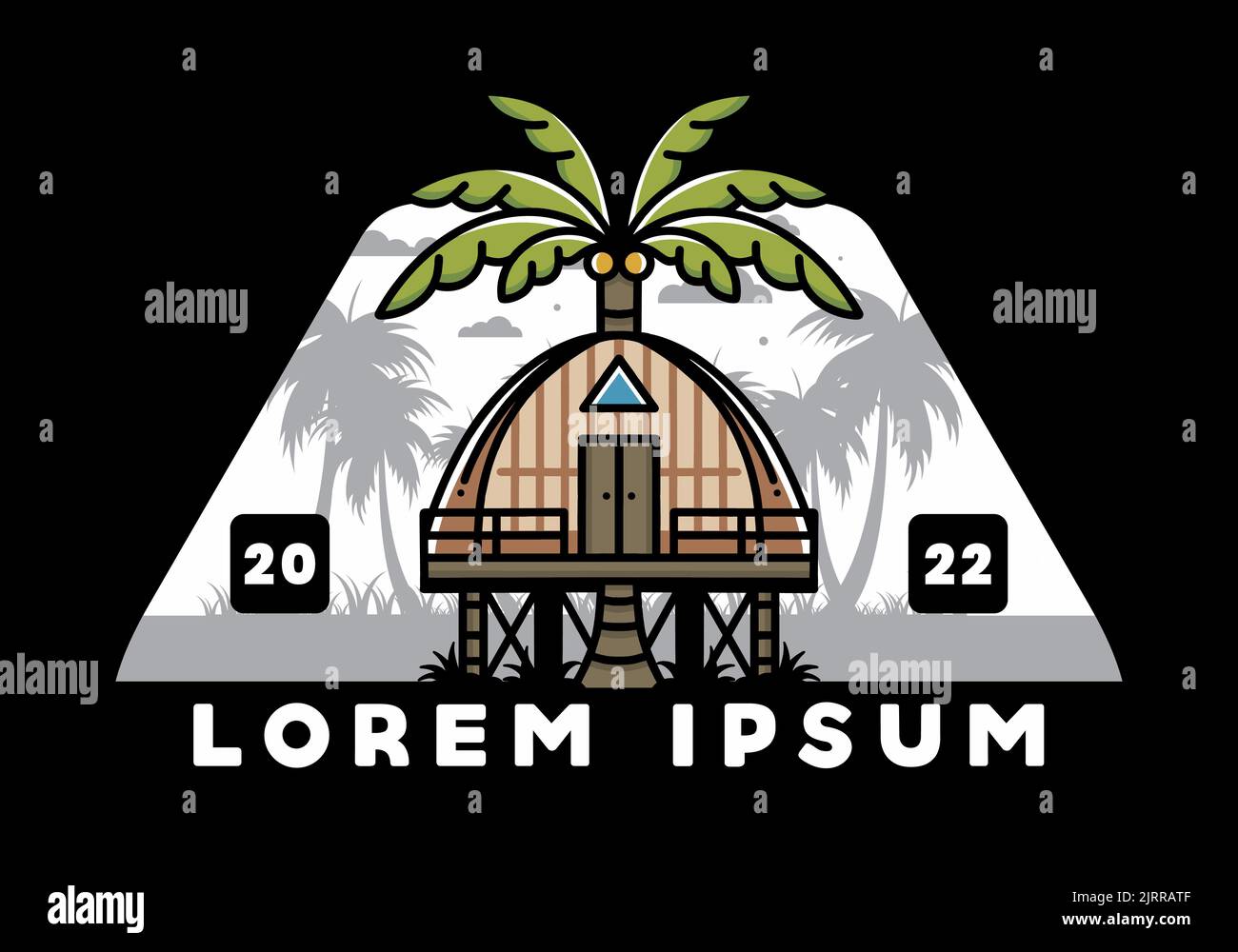 Illustration badge design of a Wooden house with big coconut tree Stock ...