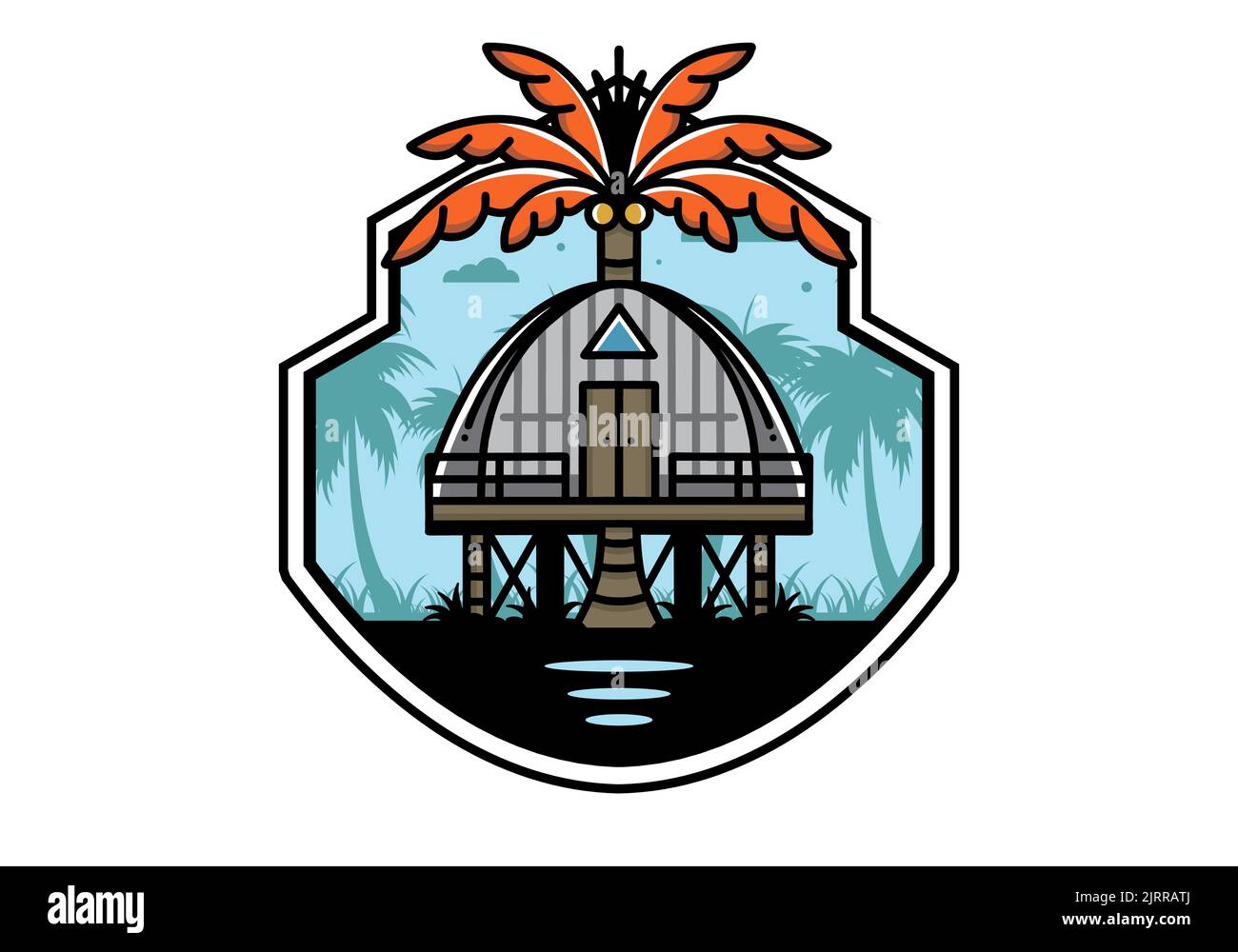 Illustration badge design of a Wooden house with big coconut tree Stock ...