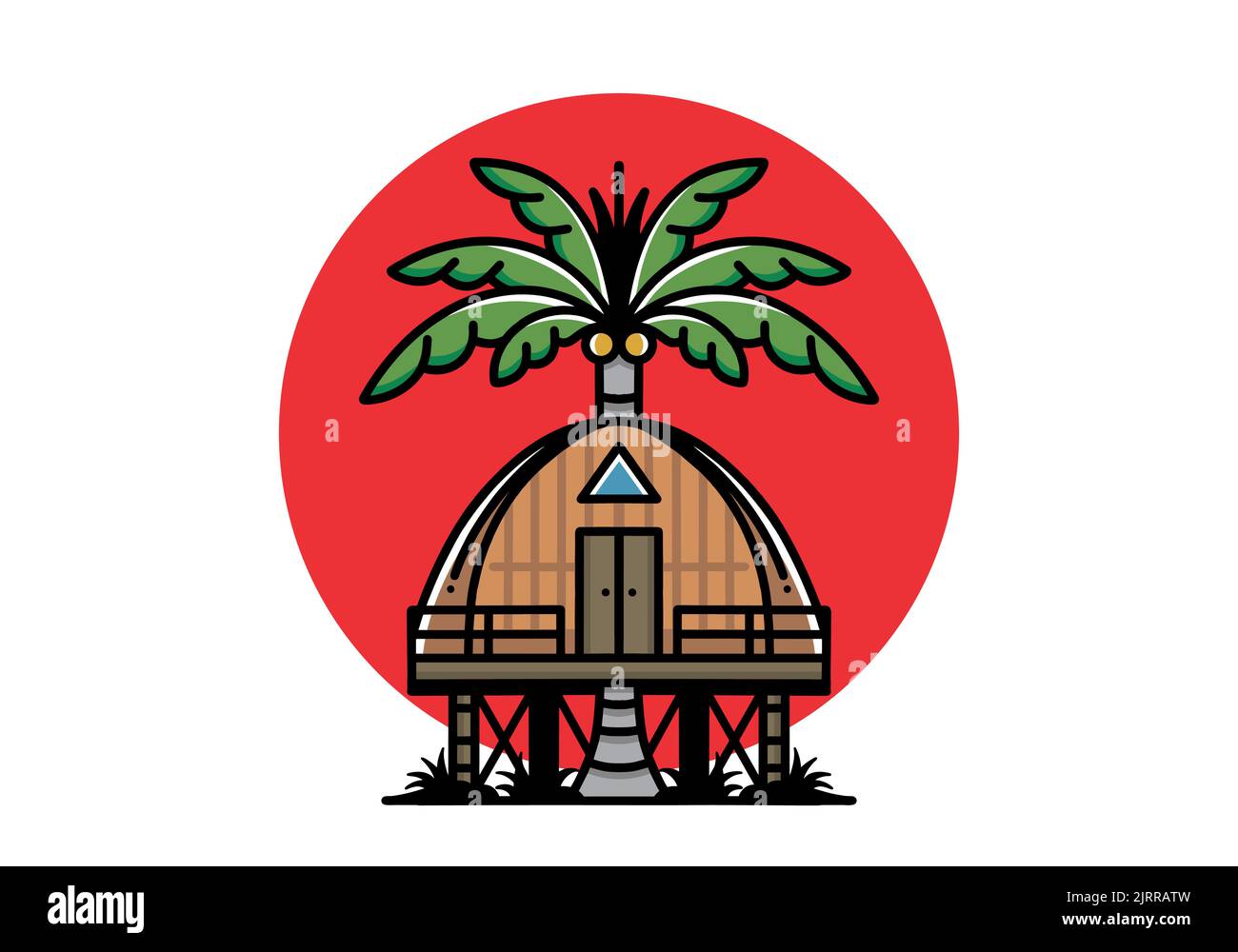 Illustration badge design of a Wooden house with big coconut tree Stock ...