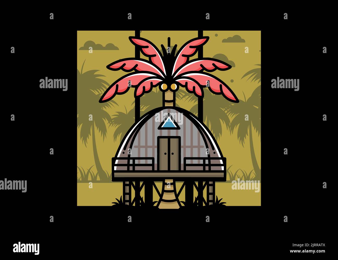 Illustration badge design of a Wooden house with big coconut tree Stock ...