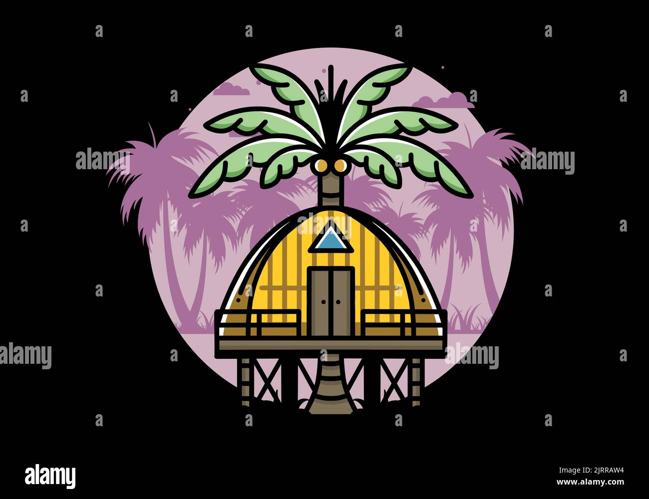 Illustration badge design of a Wooden house with big coconut tree Stock ...