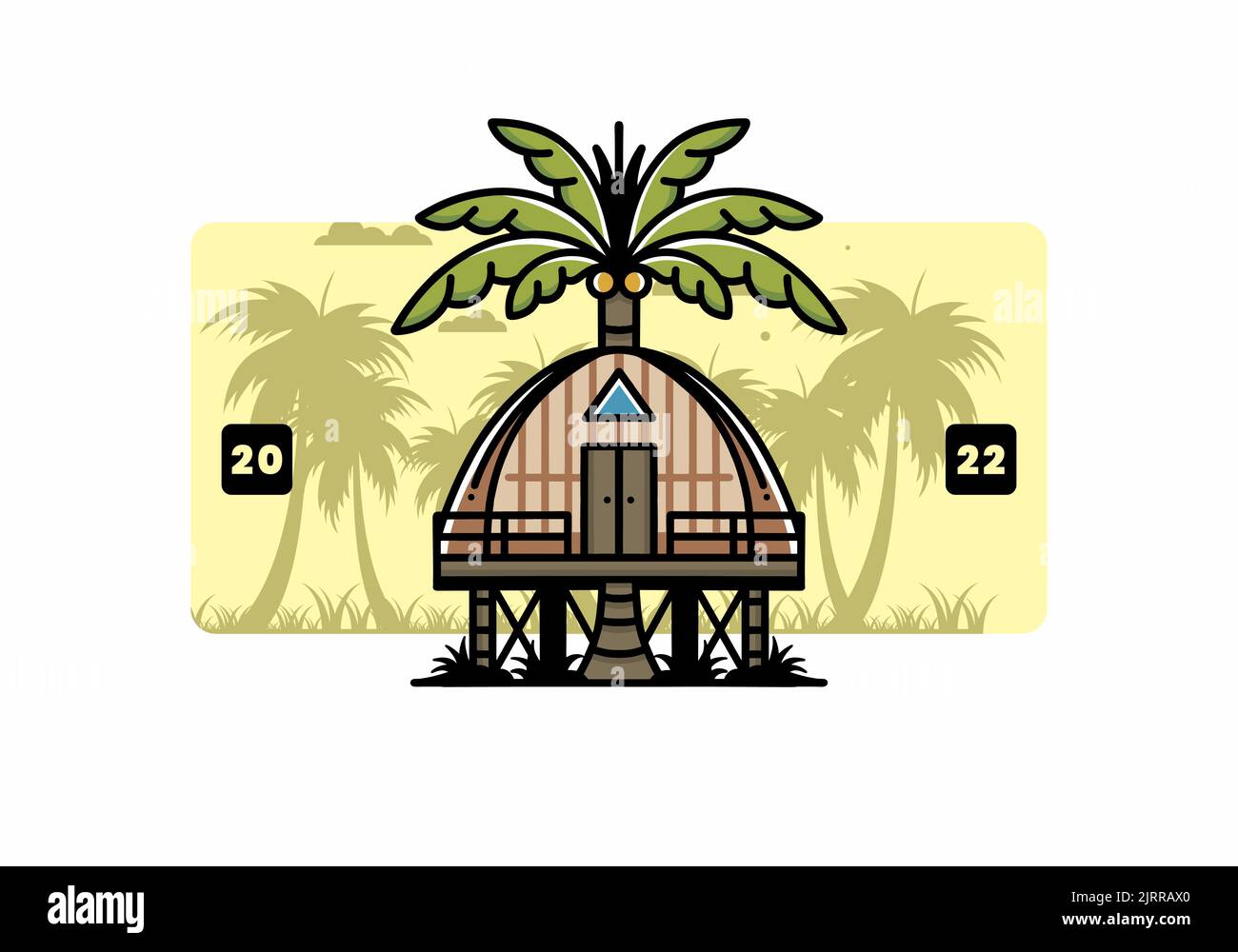 Illustration badge design of a Wooden house with big coconut tree Stock ...