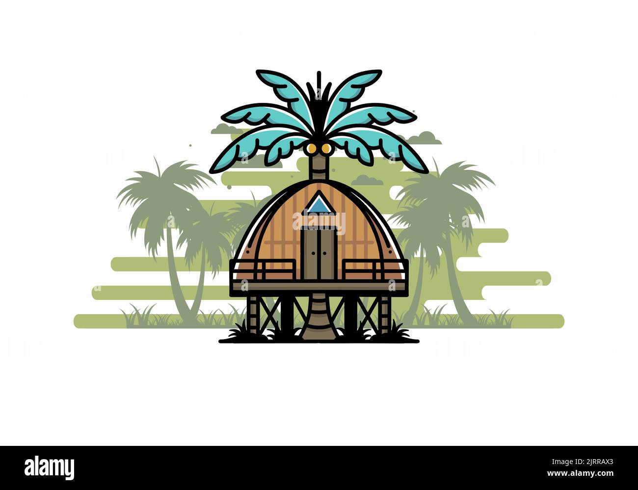 Illustration badge design of a Wooden house with big coconut tree Stock ...
