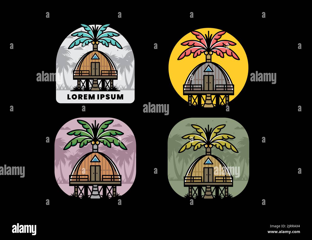 Illustration badge design of a Wooden house with big coconut tree Stock ...