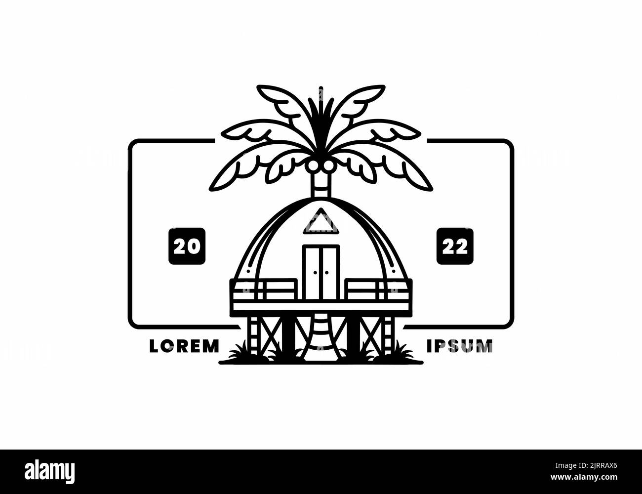 Illustration badge design of a Wooden house with big coconut tree Stock ...