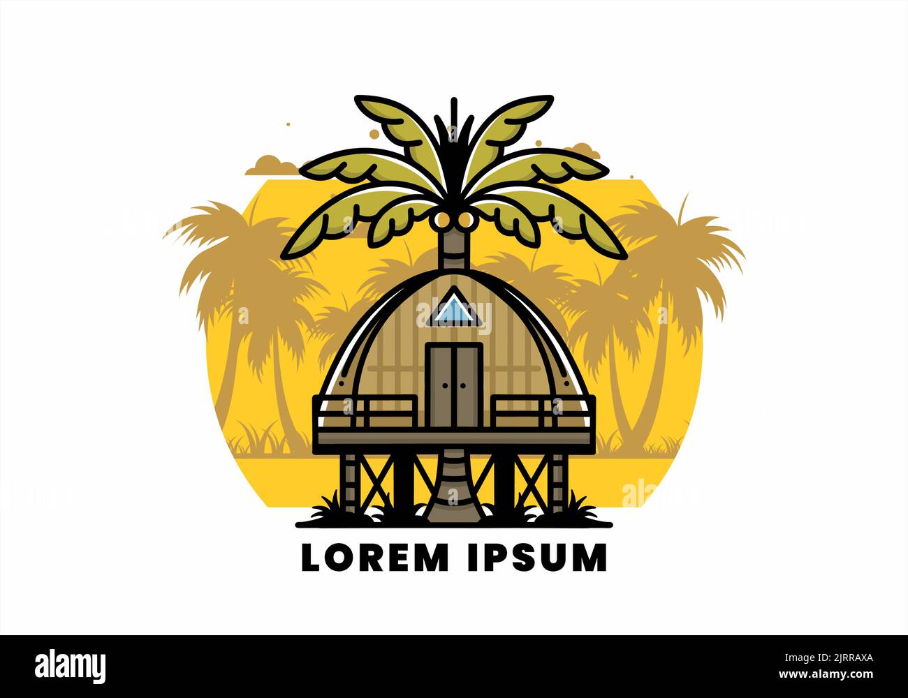 Illustration badge design of a Wooden house with big coconut tree Stock ...
