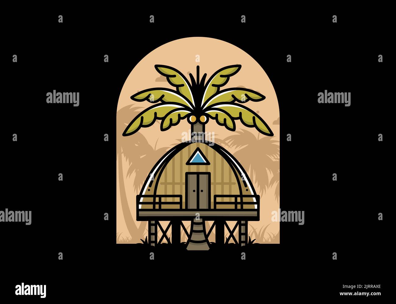 Illustration badge design of a Wooden house with big coconut tree Stock ...