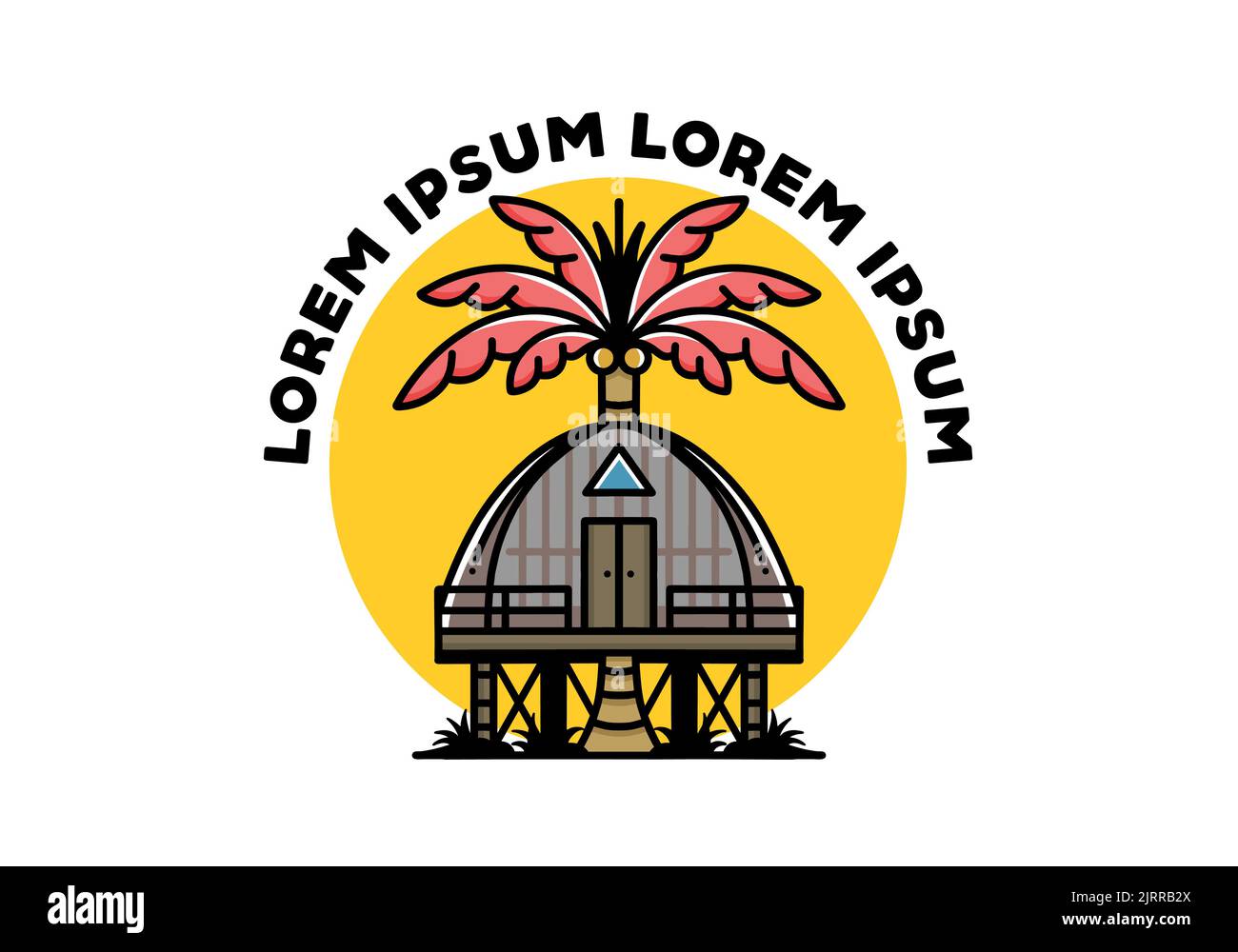 Illustration badge design of a Wooden house with big coconut tree Stock ...