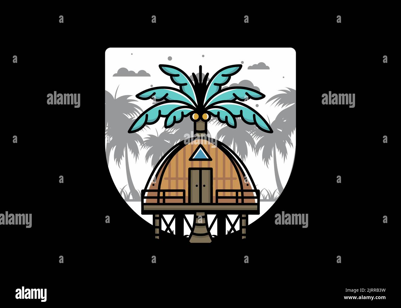 Illustration badge design of a Wooden house with big coconut tree Stock ...