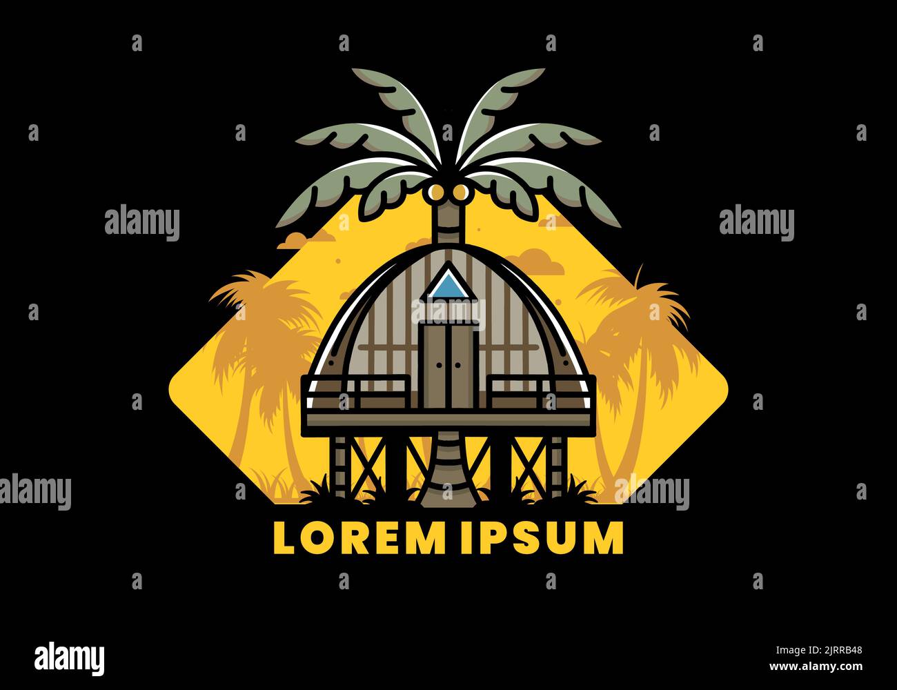 Illustration badge design of a Wooden house with big coconut tree Stock ...