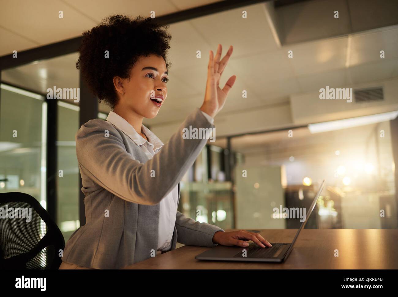 Surprised, shocked and excited business woman by a virtual or digital ...