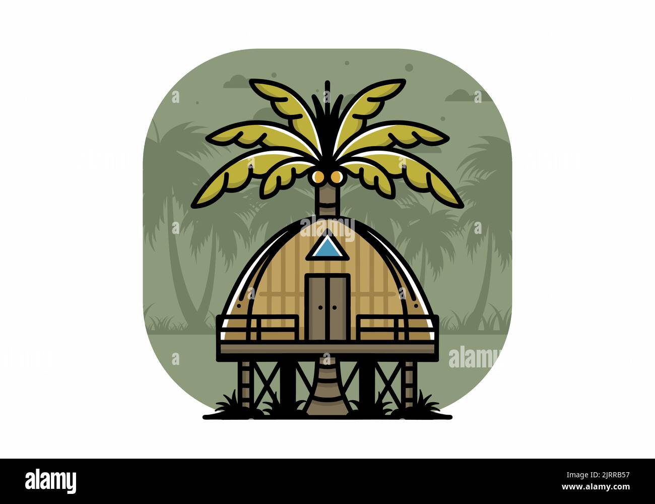 Illustration badge design of a Wooden house with big coconut tree Stock ...