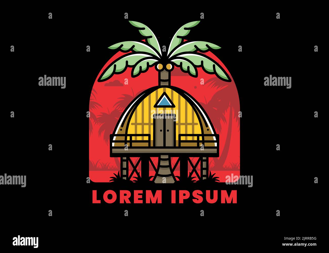 Illustration badge design of a Wooden house with big coconut tree Stock ...