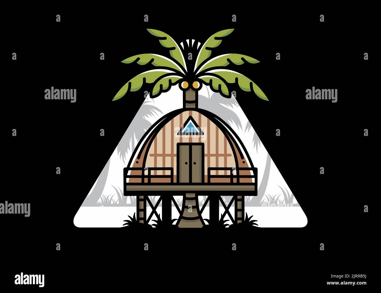 Illustration badge design of a Wooden house with big coconut tree Stock ...