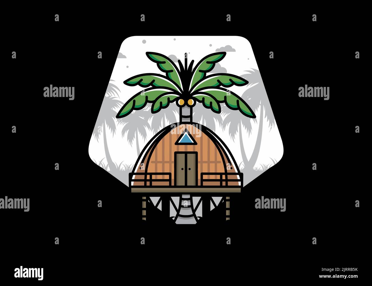 Illustration badge design of a Wooden house with big coconut tree Stock ...