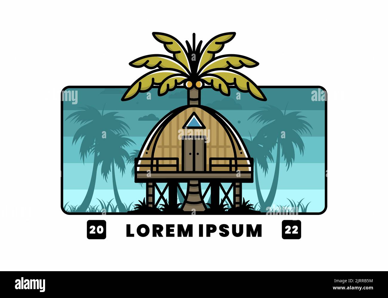 Illustration badge design of a Wooden house with big coconut tree Stock ...