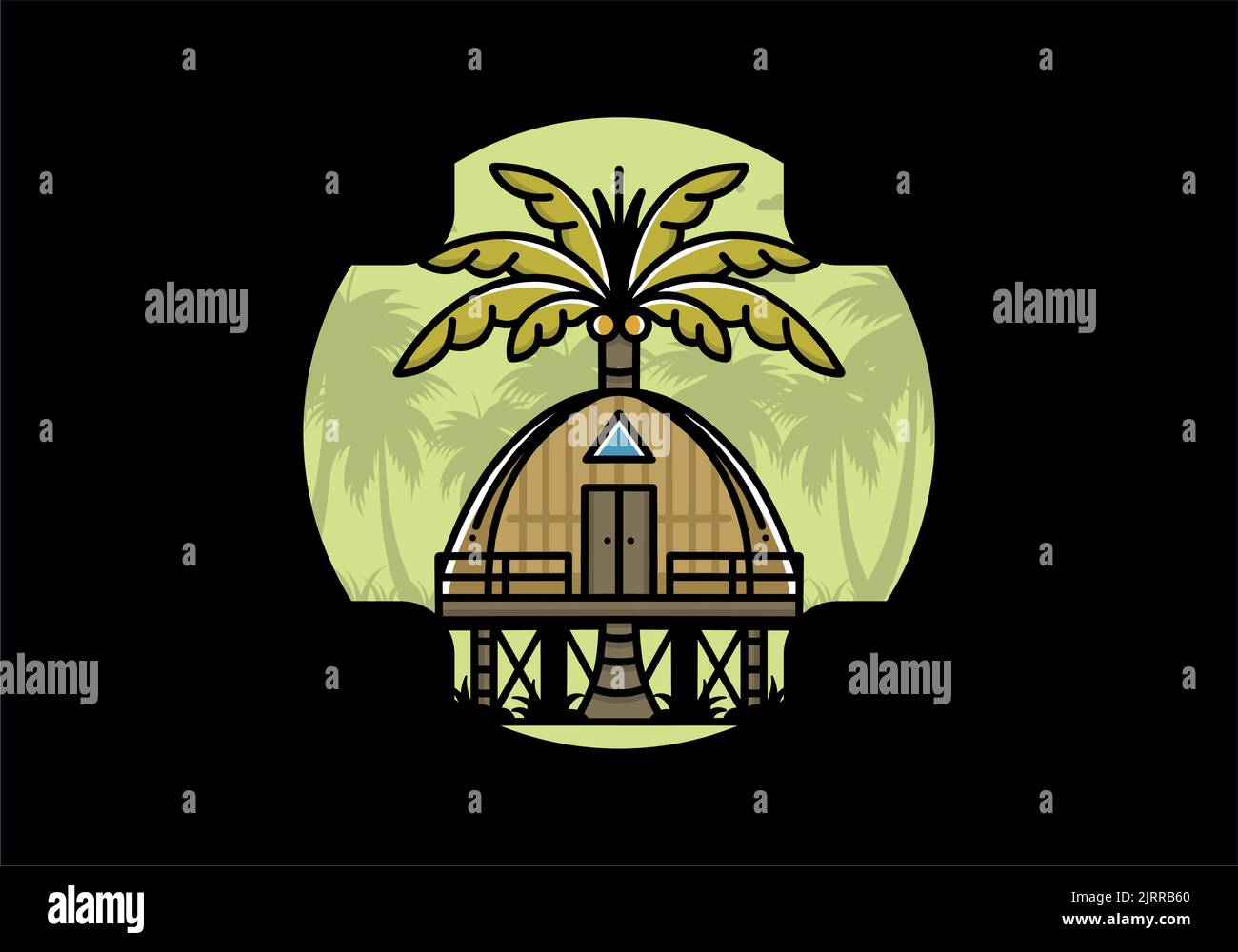 Illustration badge design of a Wooden house with big coconut tree Stock ...