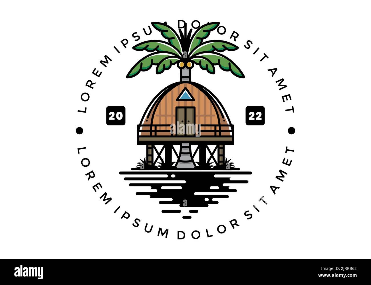 Illustration badge design of a Wooden house with big coconut tree Stock ...