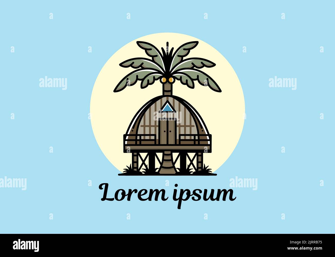 Illustration badge design of a Wooden house with big coconut tree Stock ...
