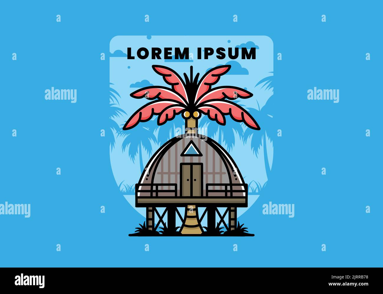 Illustration badge design of a Wooden house with big coconut tree Stock ...
