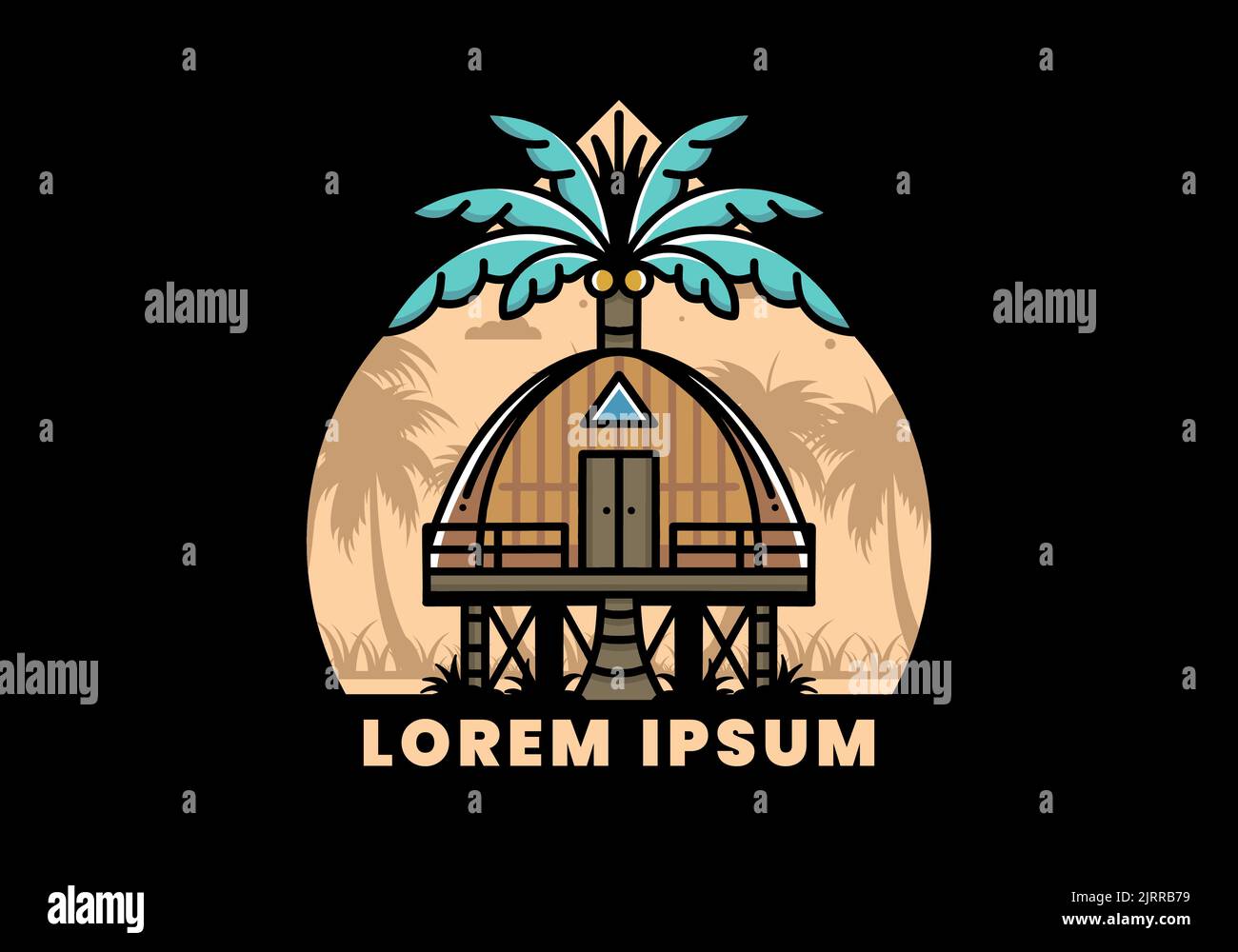 Illustration badge design of a Wooden house with big coconut tree Stock ...